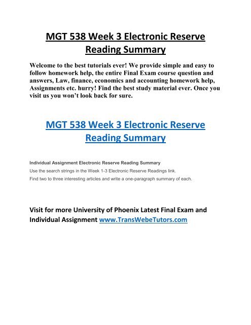 MGT 538 Week 3 Electronic Reserve Reading Summary UOP Study Material