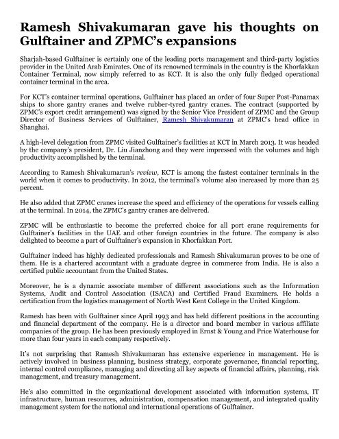 Ramesh Shivakumaran gave his thoughts on Gulftainer and ZPMC’s expansions