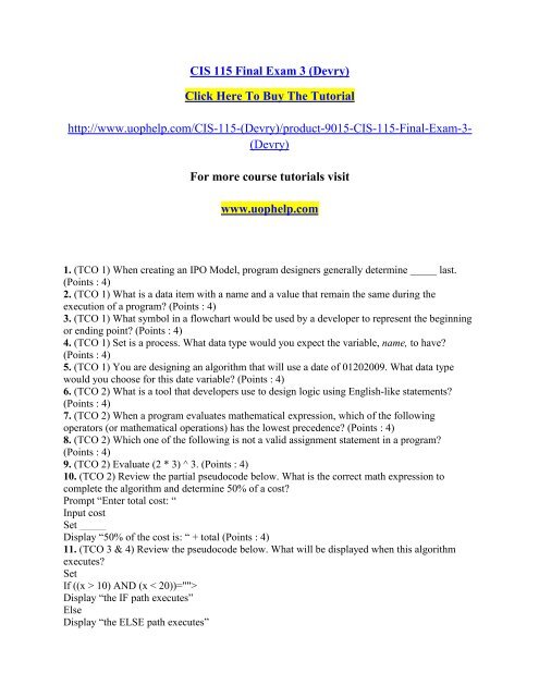 CIS 115 Final Exam 3/uophelp