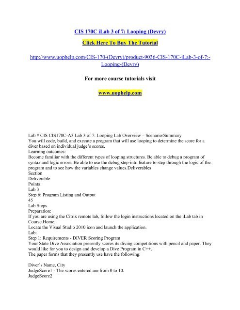 CIS 170C iLab 3 of 7./uophelp