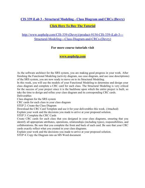 CIS 339 iLab 3 - Structural Modeling - Class Diagram and CRCs/uophelp