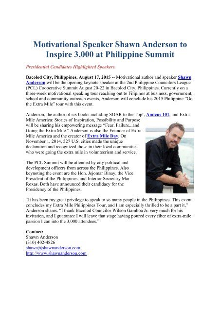 Motivational Speaker Shawn Anderson to Inspire 3,000 at Philippine Summit