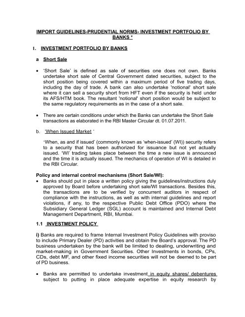 IMPORT GUIDELINES-PRUDENTIAL NORMS- INVESTMENT ...
