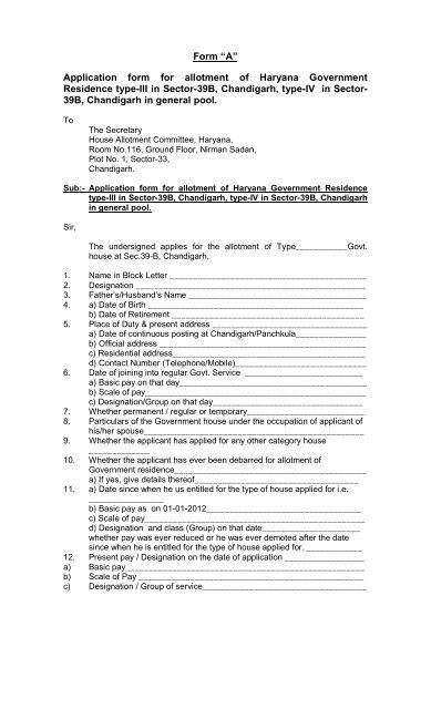 Form â Aâ Application form for allotment of Haryana Government ...