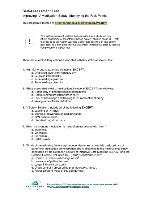 Self-Assessment Test Improving IV Medication Safety Identifying the ...