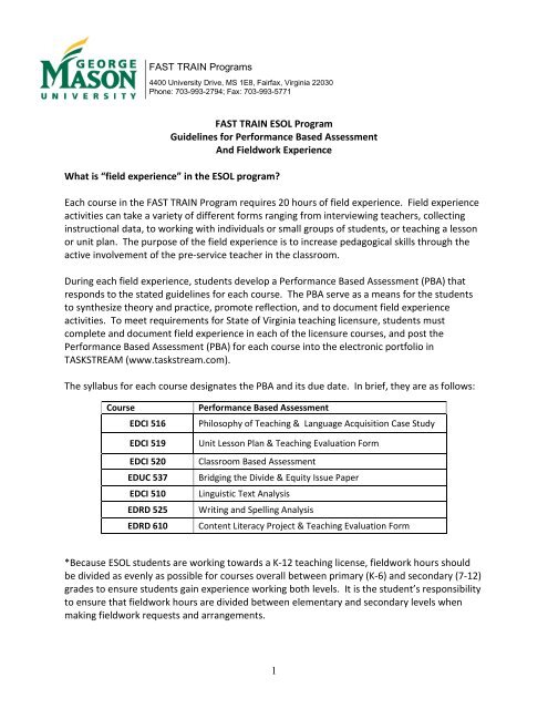 PBA and Fieldwork Guidelines â ESOL - FAST TRAIN Program