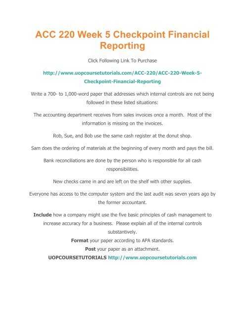 ACC 220 Week 5 Checkpoint Financial Reporting