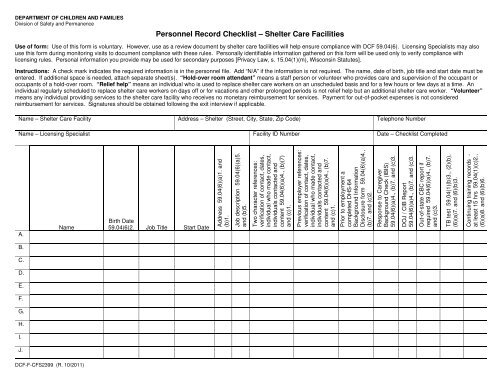Personnel Record Checklist â Shelter Care Facilities - Wisconsin ...