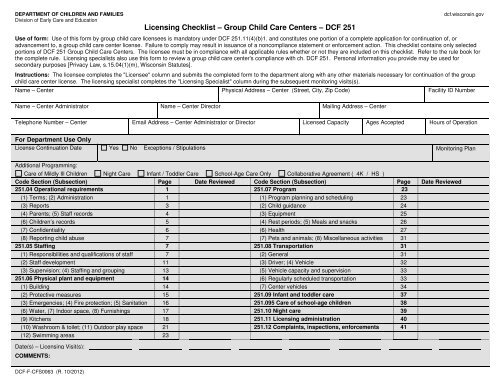 Licensing Checklist – Group Child Care Centers – DCF 251