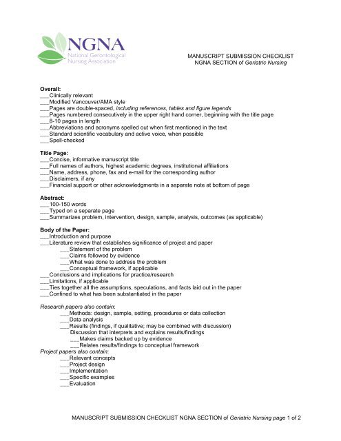 MANUSCRIPTION SUBMISSION CHECKLIST