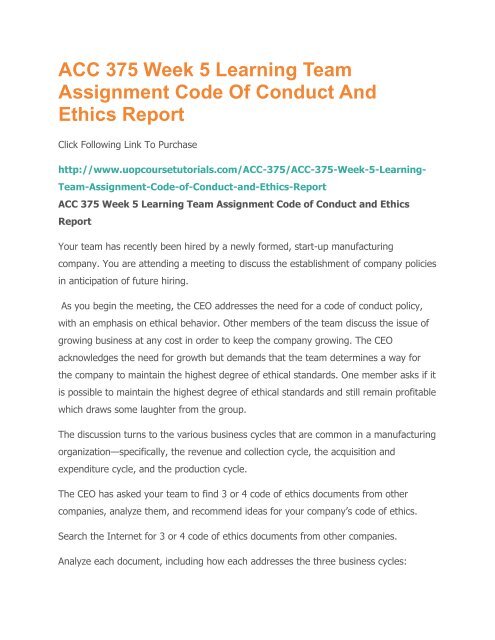 ACC 375 Week 5 Learning Team Assignment Code Of Conduct And Ethics ...