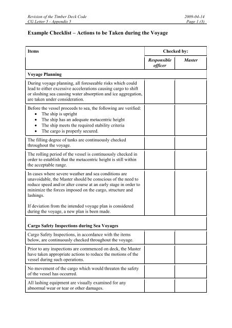 Example Checklist – Actions to be Taken during the Voyage