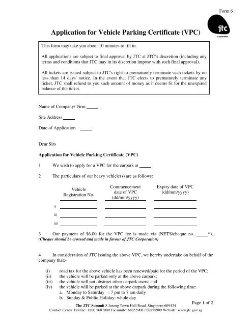 Application for Vehicle Parking Certificate (VPC)