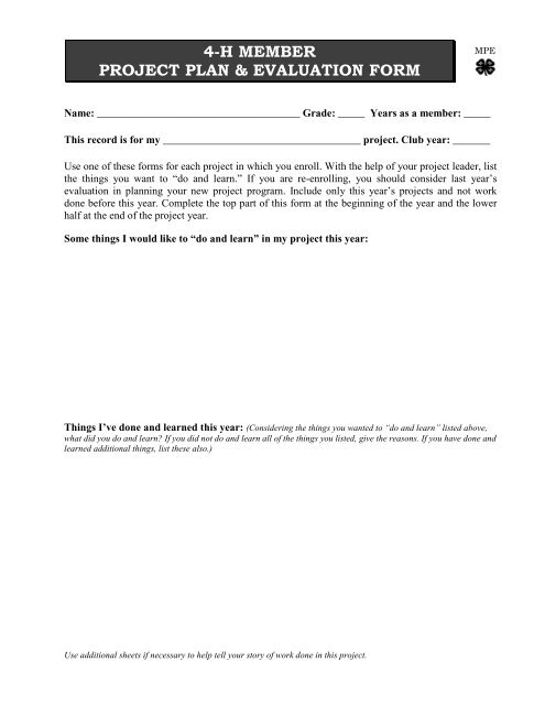 4-H MEMBER PROJECT PLAN & EVALUATION FORM