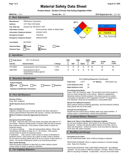 Pronto Vegetation Killer MSDS - PBI/Gordon