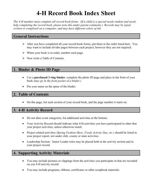 4-H Record Book Index Sheet - Columbia County