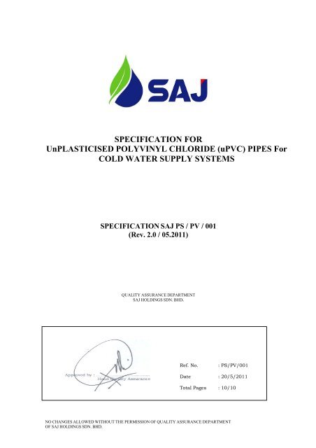 UnPLASTICISED POLYVINYL CHLORIDE (uPVC) PIPES For COLD WATER SUPPLY SYSTEMS