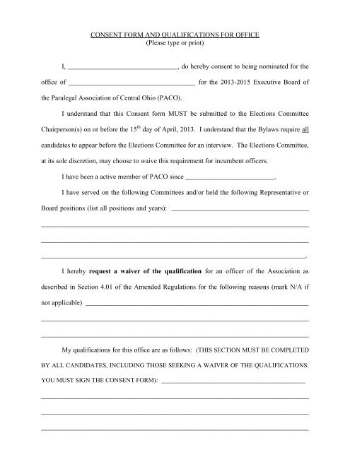 CONSENT FORM AND QUALIFICATIONS FOR OFFICE - Paralegal ...