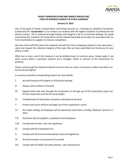 Code of Business Conduct and Ethics - Aveda Transportation and ...