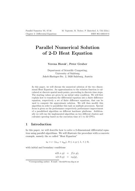 Parallel Numerical Solution of 2-D Heat Equation