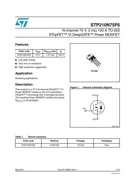 N-channel 75 V, 3 m, 120 A TO-220 STripFET ... - STMicroelectronics