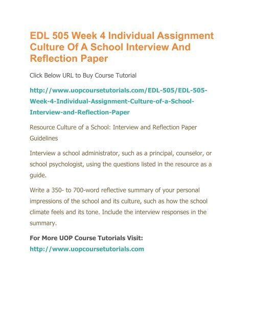 EDL 505 Week 4 Individual Assignment Culture Of A School Interview And ...