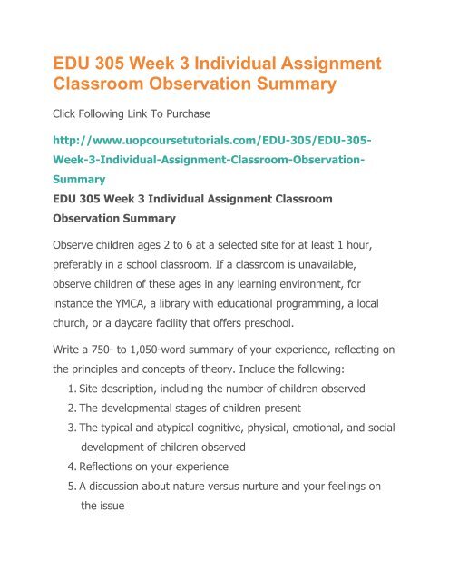 EDU 305 Week 3 Individual Assignment Classroom Observation Summary.pdf