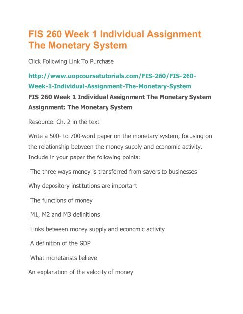 FIS 260 Week 1 Individual Assignment The Monetary System.pdf