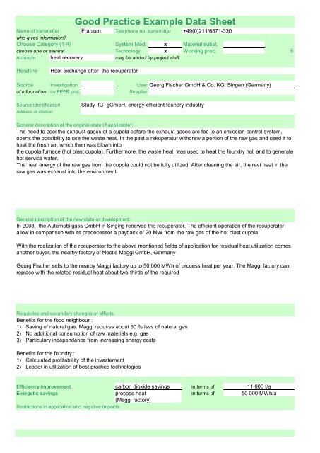 Good Practice Example Data Sheet - Swerea