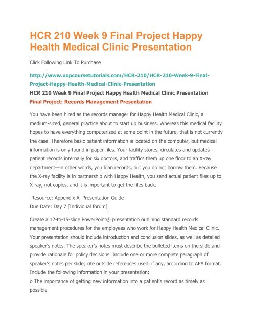 HCR 210 Week 9 Final Project Happy Health Medical Clinic Presentation.pdf