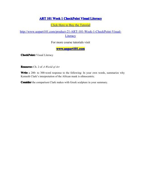 ART 101 Week 1 CheckPoint Visual Literacy/ uopart101dotcom