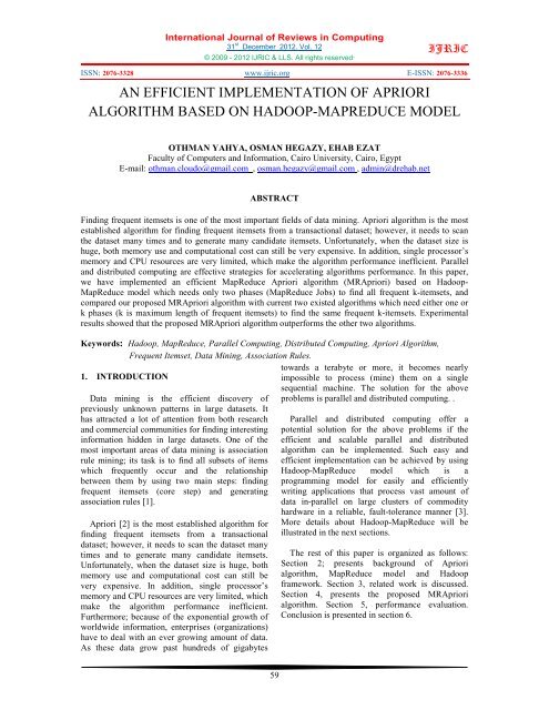 An Efficient Implementation Of Apriori Algorithm Based On Hadoop Mapreduce Model