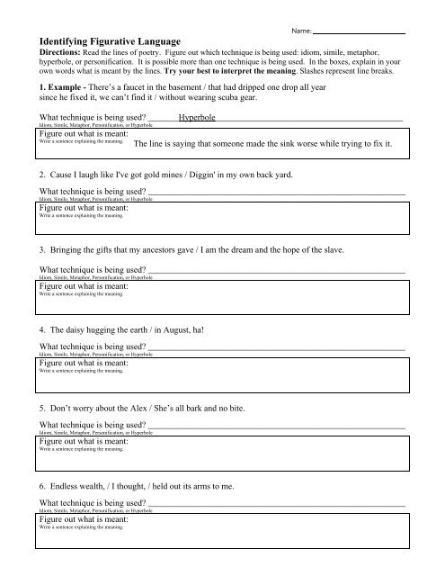 Figurative Language Identify It Worksheet