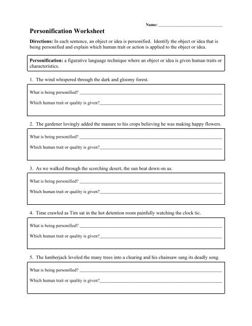 Personification Worksheet