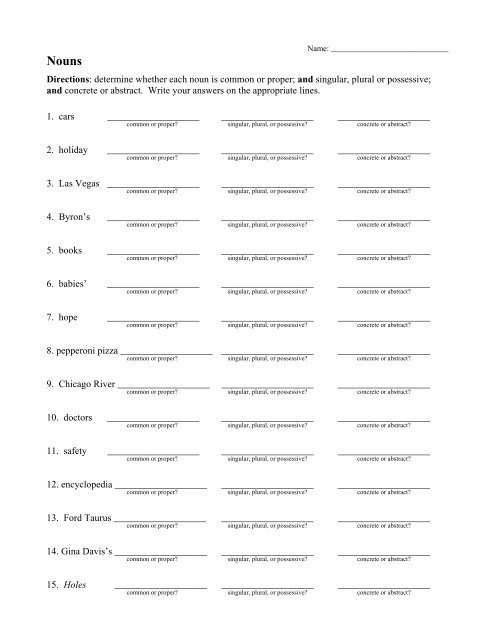 Singular Plural Possessive Nouns Worksheets Name: