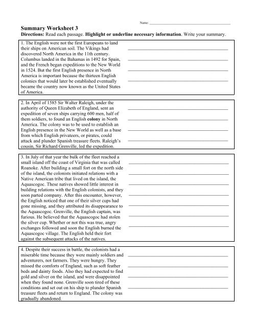 Summary Worksheet 3