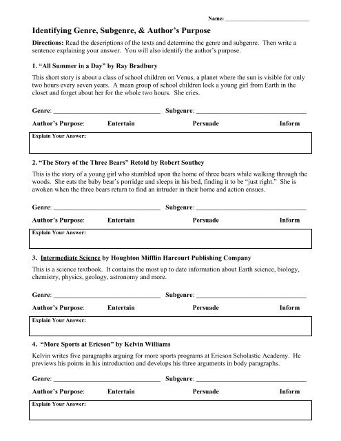 Identifying Genre Subgenre & Author’s Purpose Identifying Genre Subgenre & Author’s Purpose