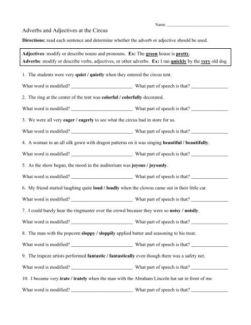 Adverbs and Adjectives at the Circus - ereadingworksheets