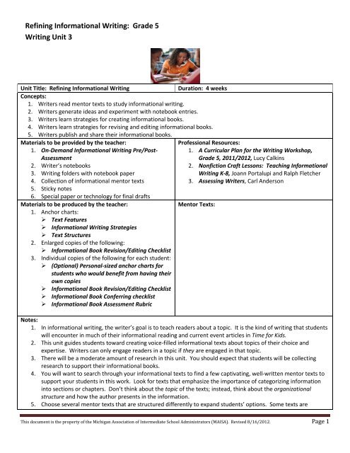 Refining Informational Writing Grade 5 Writing Unit 3