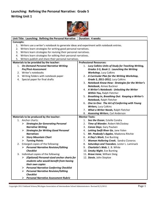 Launching Refining the Personal Narrative Grade 5 Writing Unit 1