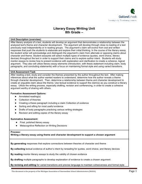 Literary Essay Writing Unit 8th Grade