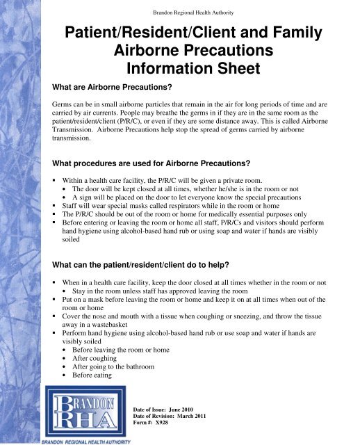 Patientresidentclient And Family Airborne Precautions Information Sheet