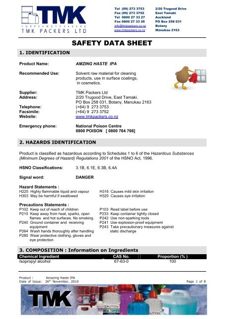 MSDS IPA, Isopropyl Alcohol, Isopropanol - TMK Packers
