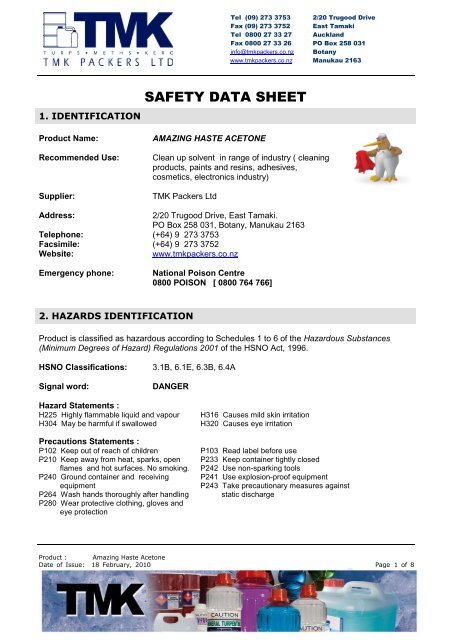MSDS Acetone - TMK Packers