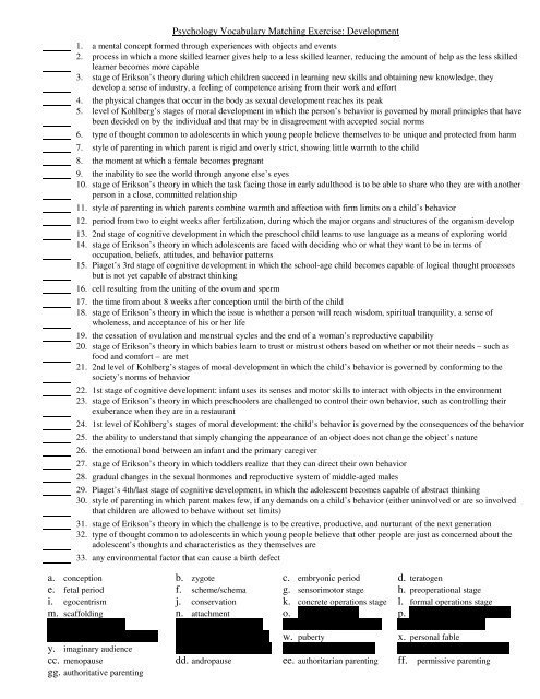 Psychology Vocabulary Matching Exercise: Development