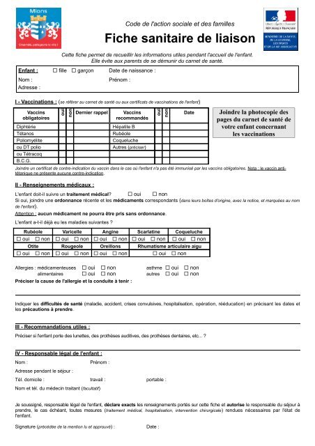 Fiche sanitaire de liaison