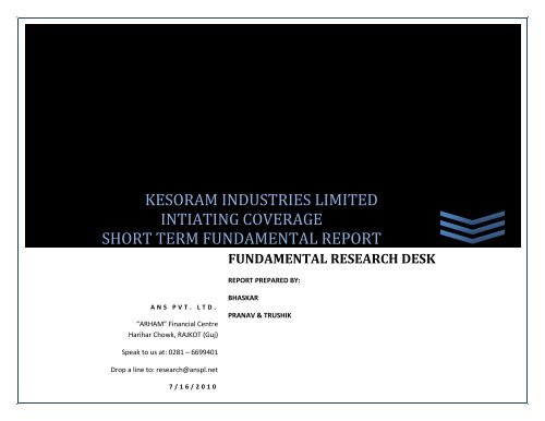 KESORAM INDUSTRIES LIMITED INTIATING COVERAGE SHORT TERM FUNDAMENTAL REPORT