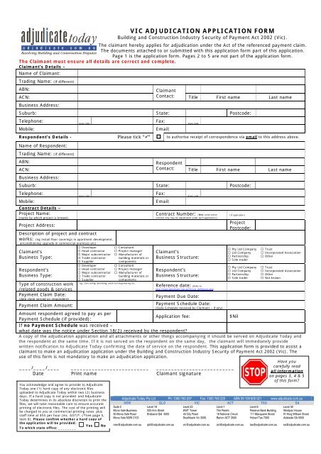 VIC ADJUDICATION APPLICATION FORM
