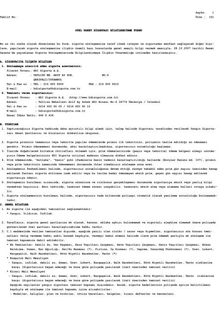 Otel Paket SigortasÄ± Bilgilendirme Formu - HDÄ° Sigorta