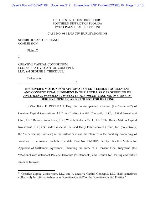 Motion to Approve Settlement Agreement - Creative Capital ...